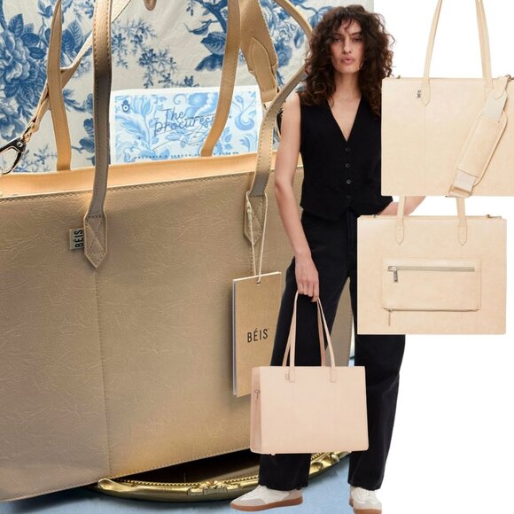 BEIS | Bags | Beis Nwot The Work Tote Beige Faux Vegan Leather | Poshmark